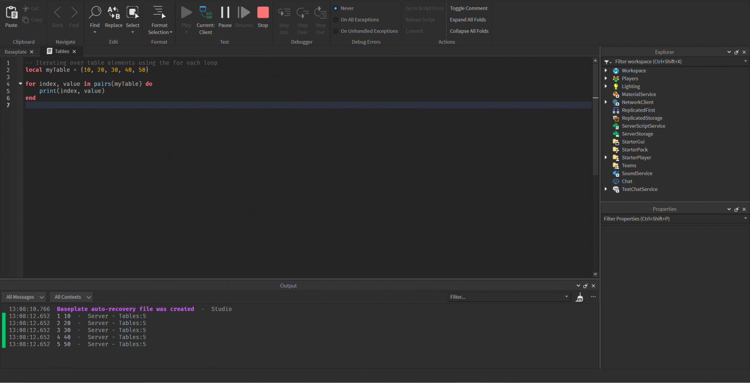 Working with strings and tables in Roblox Studio
