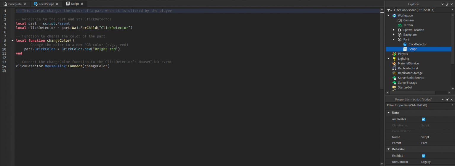 Create a script that changes the color of a part when it is clicked by ...