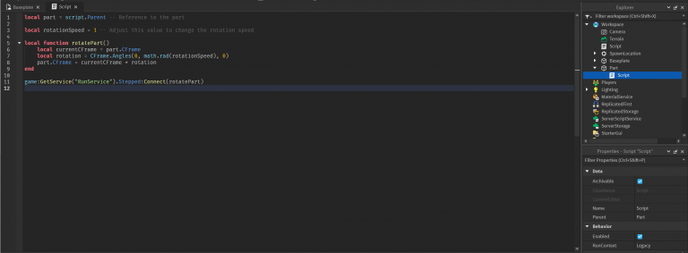 Create a script that makes a part rotate in Roblox Studio