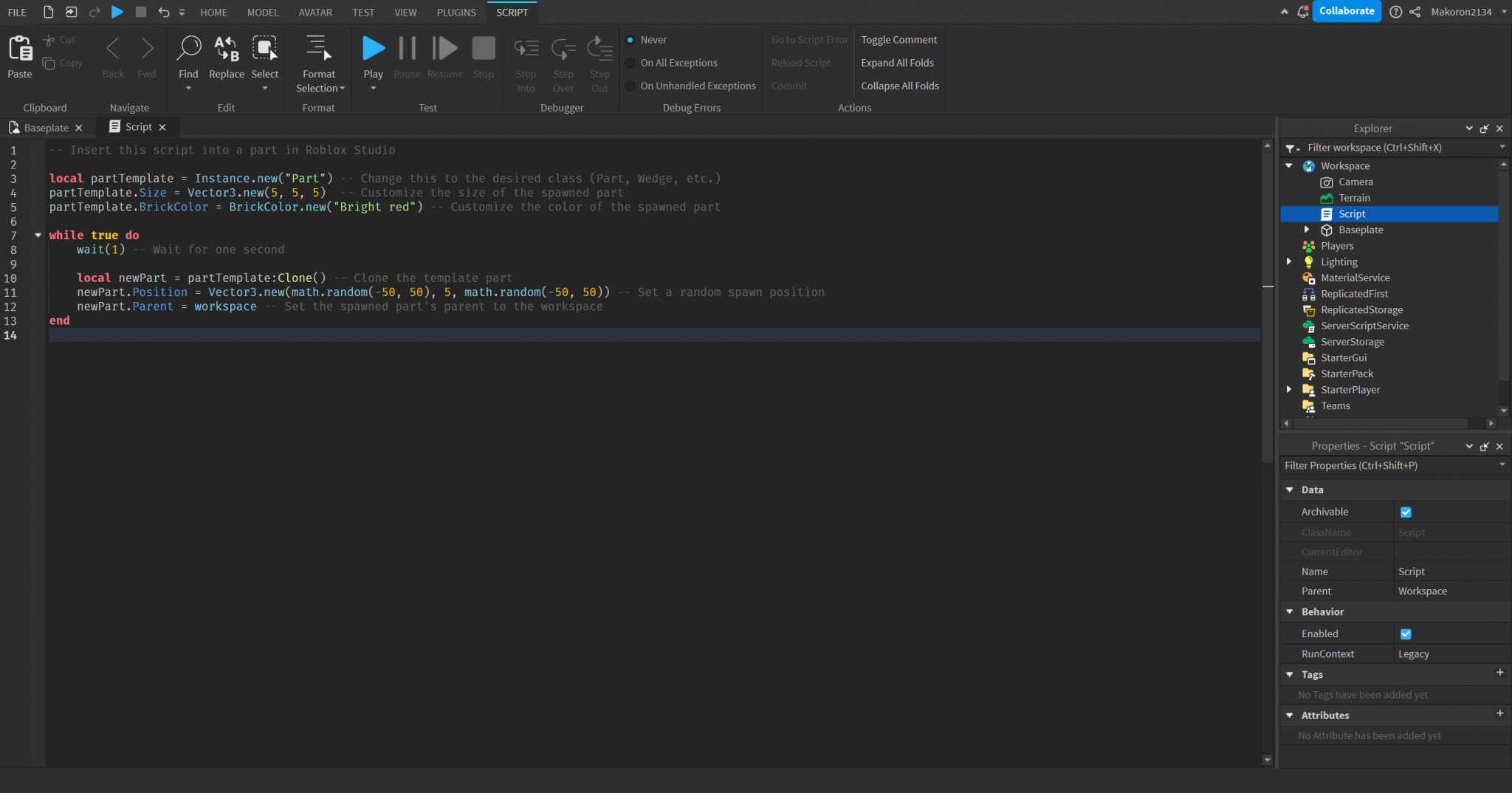Create a script that spawns part every second in Roblox Studio