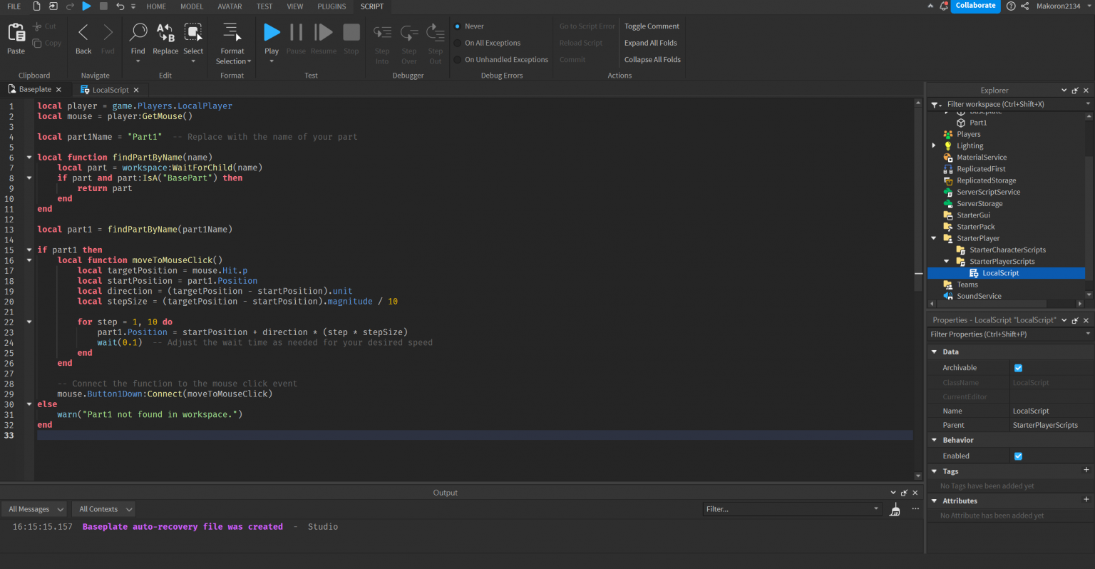Moving a Part to Mouse Click in Roblox Studio