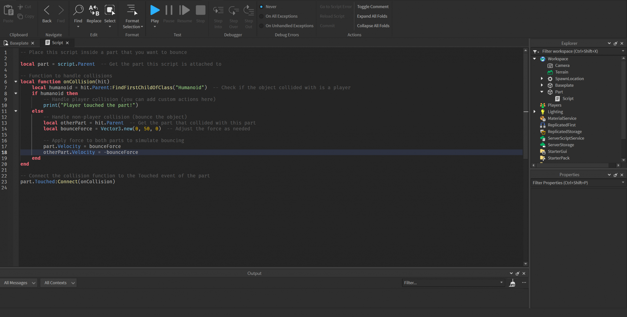 Create a script that makes a part bounce in Roblox Studio