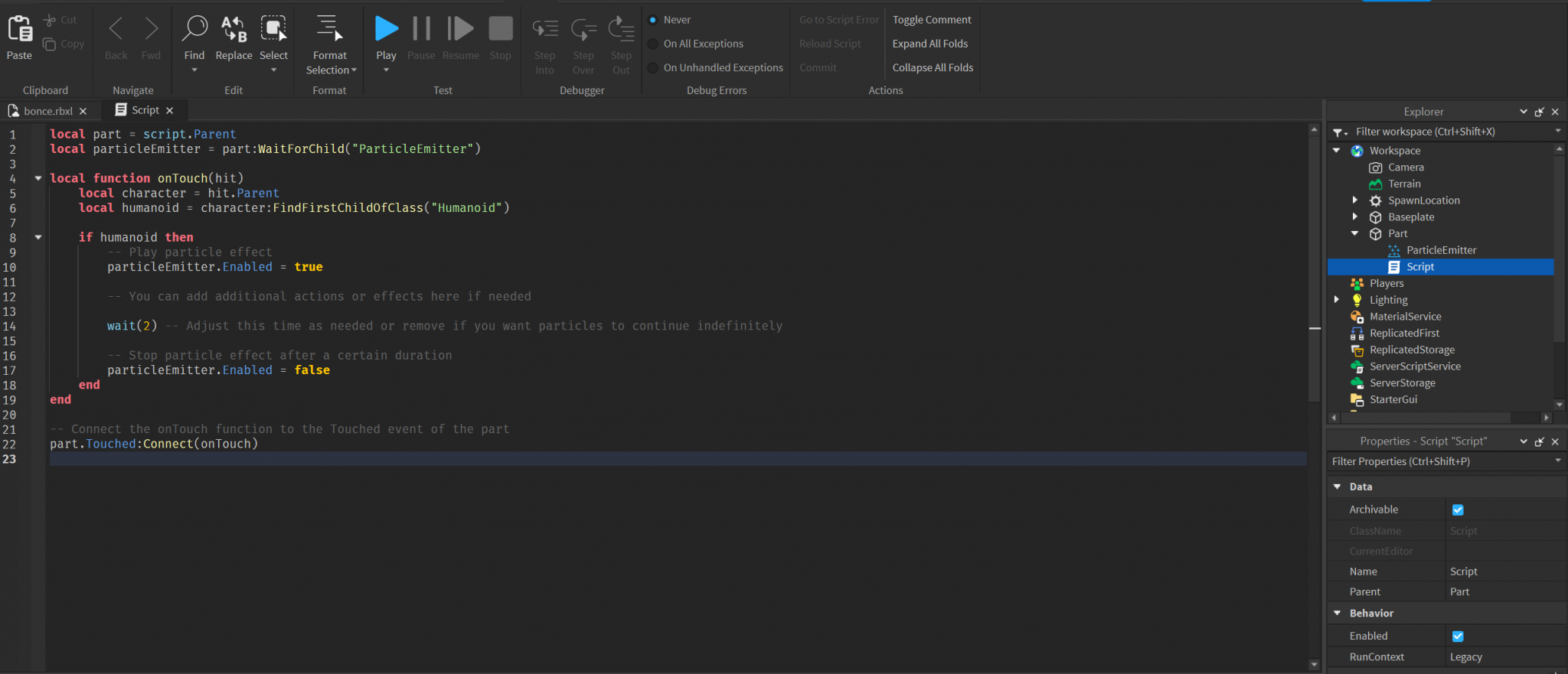 How To Make a Part What Emit Particles When It Is Touched in Roblox Studio