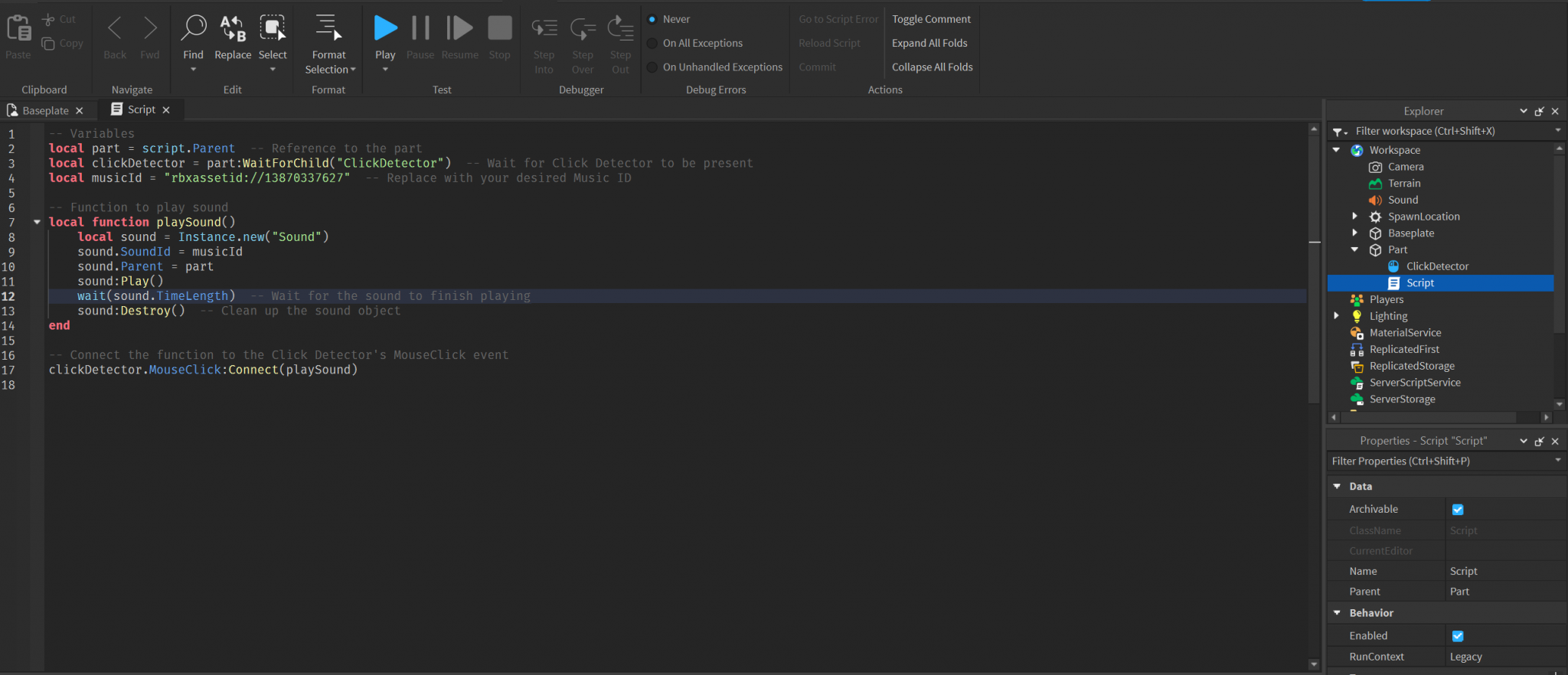 How to make that a part play a sound when it is clicked in Roblox Studio