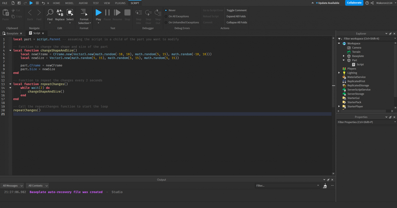 Create a script that makes a part change its shape and size