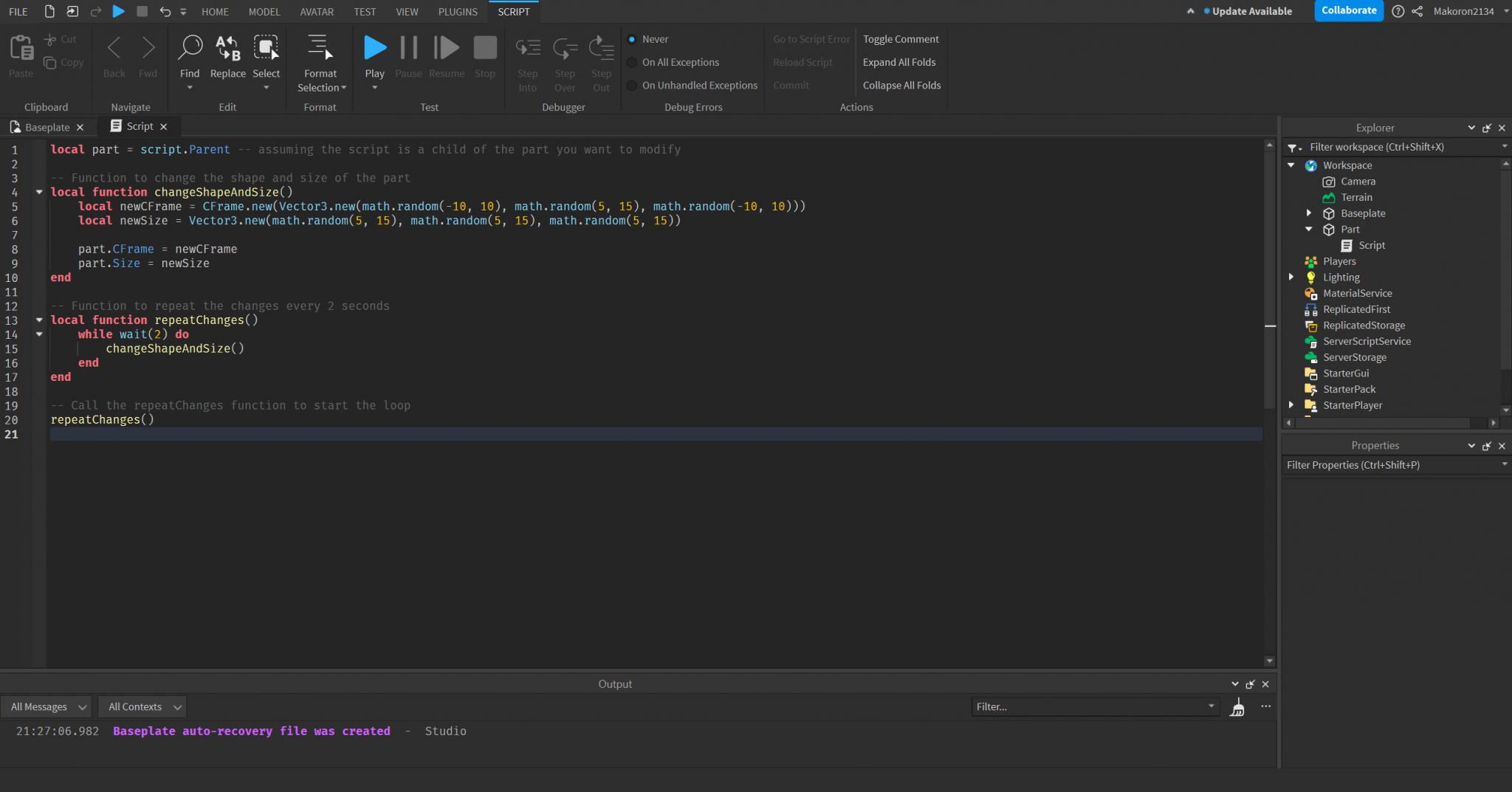 Create a script that makes a part change its shape and size