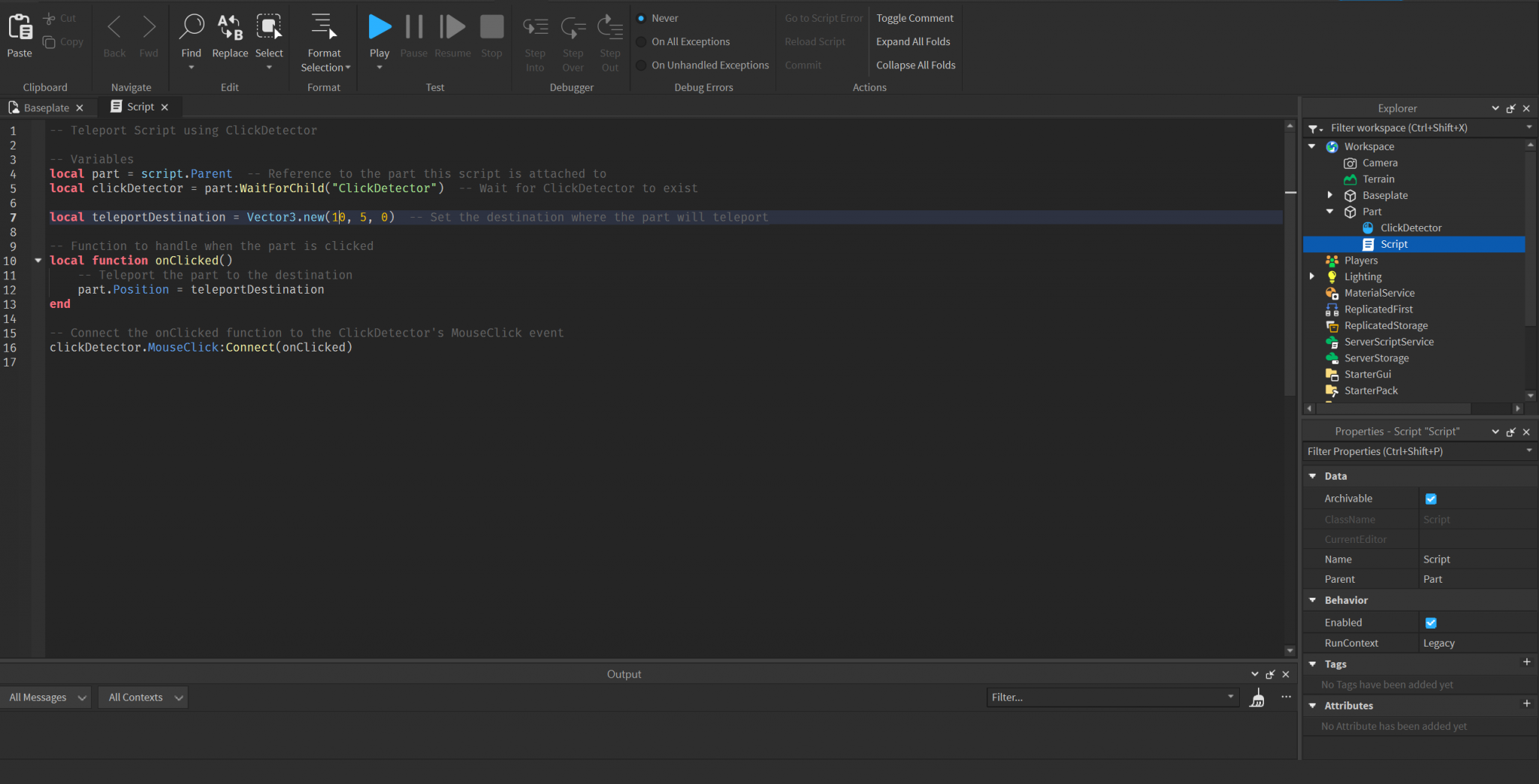 Create a script that makes a part teleport to another location in Roblox Studio