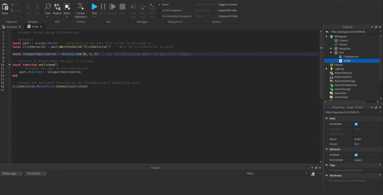 Create a script that makes a part teleport to another location in ...