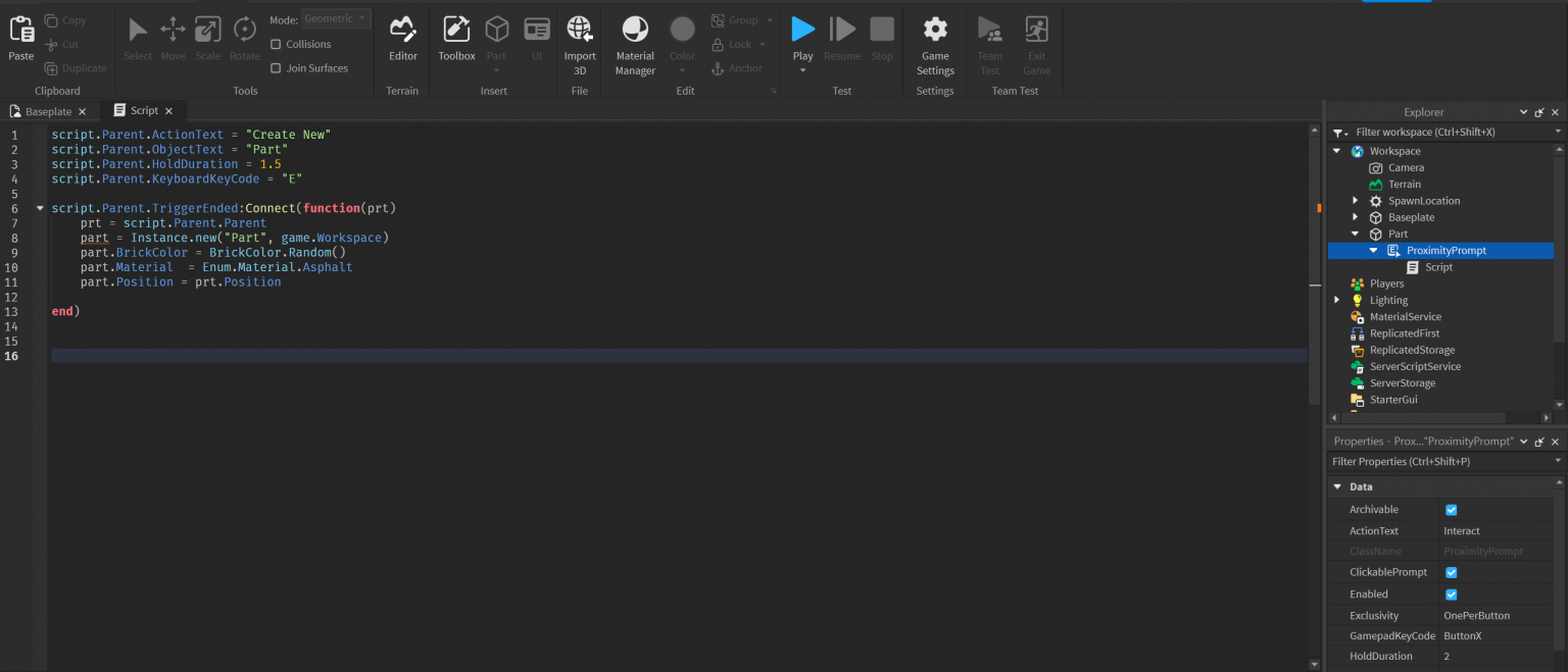 Create a script to spawn a new part using proximity prompts in Roblox Studio