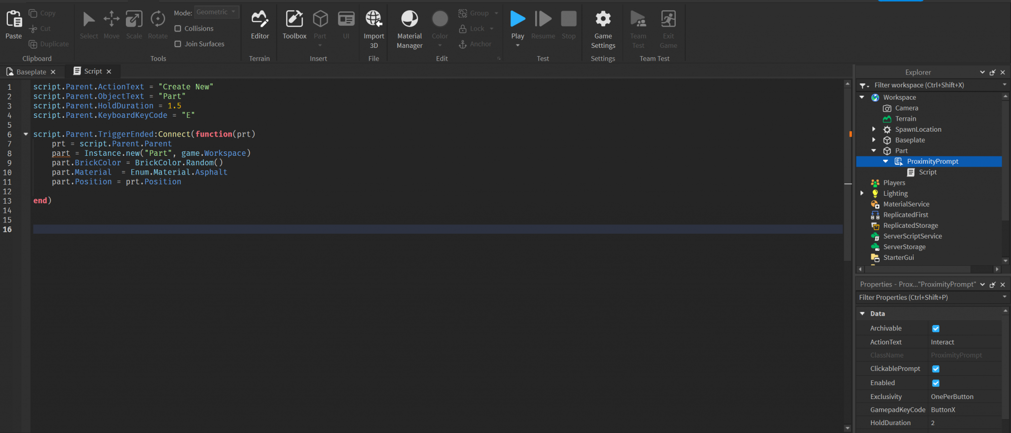 Create a script to spawn a new part using proximity prompts in Roblox ...